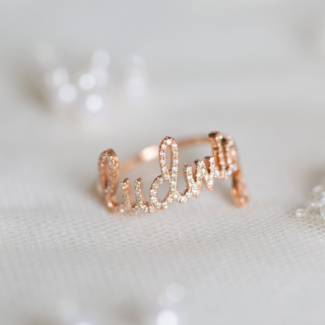Personalized Diamond Ring, Rose Gold Name, Push Gift, Gold Name Ring ...