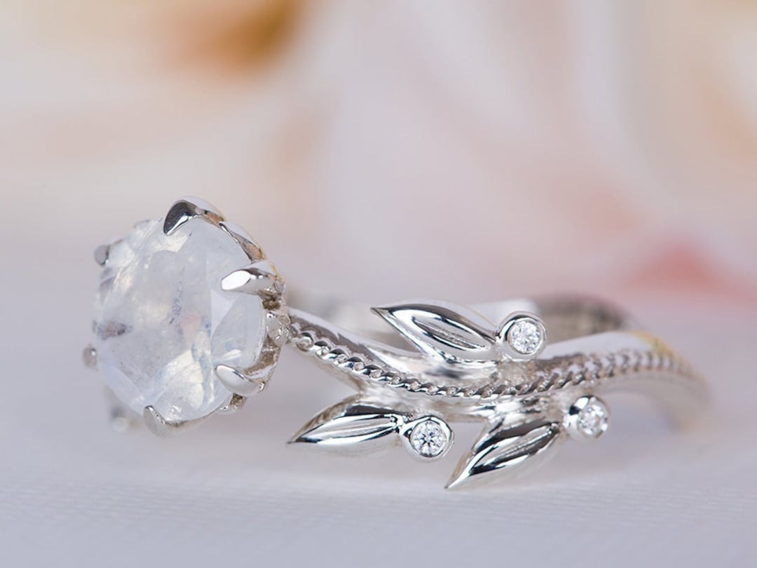 Leaf Engagement Ring, Floral Leaves Engagement Ring, Rainbow Moonstone Ring, Gemstone Engagement ...
