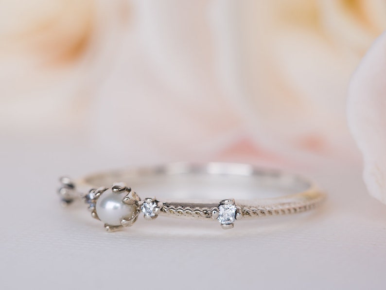 Boho Wedding Ring, Boho Wedding Band, Pearl Wedding Band, 14K Pearl ...