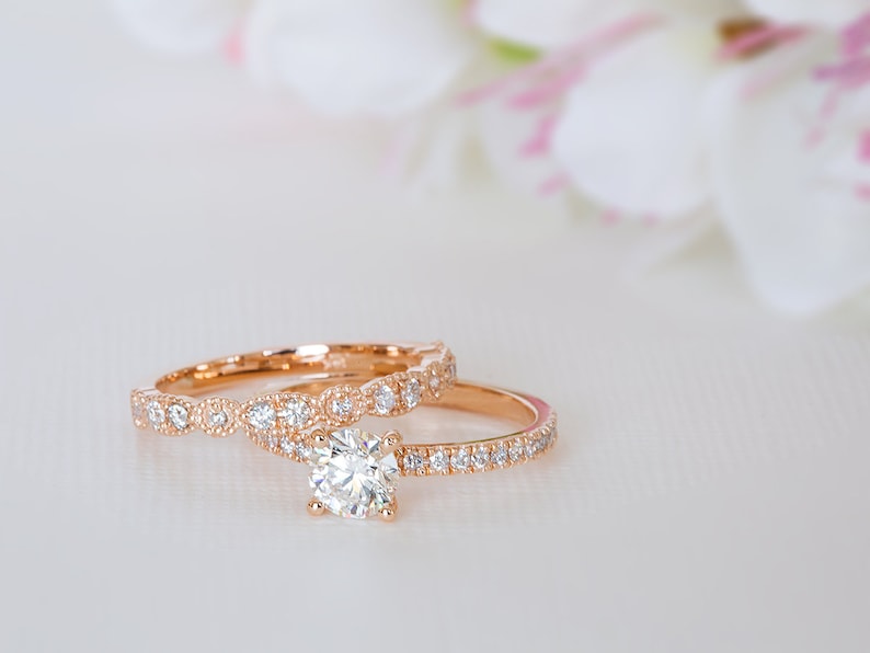 14K Rose Gold Engagement Set Rose Gold Engagement Ring Set - Etsy