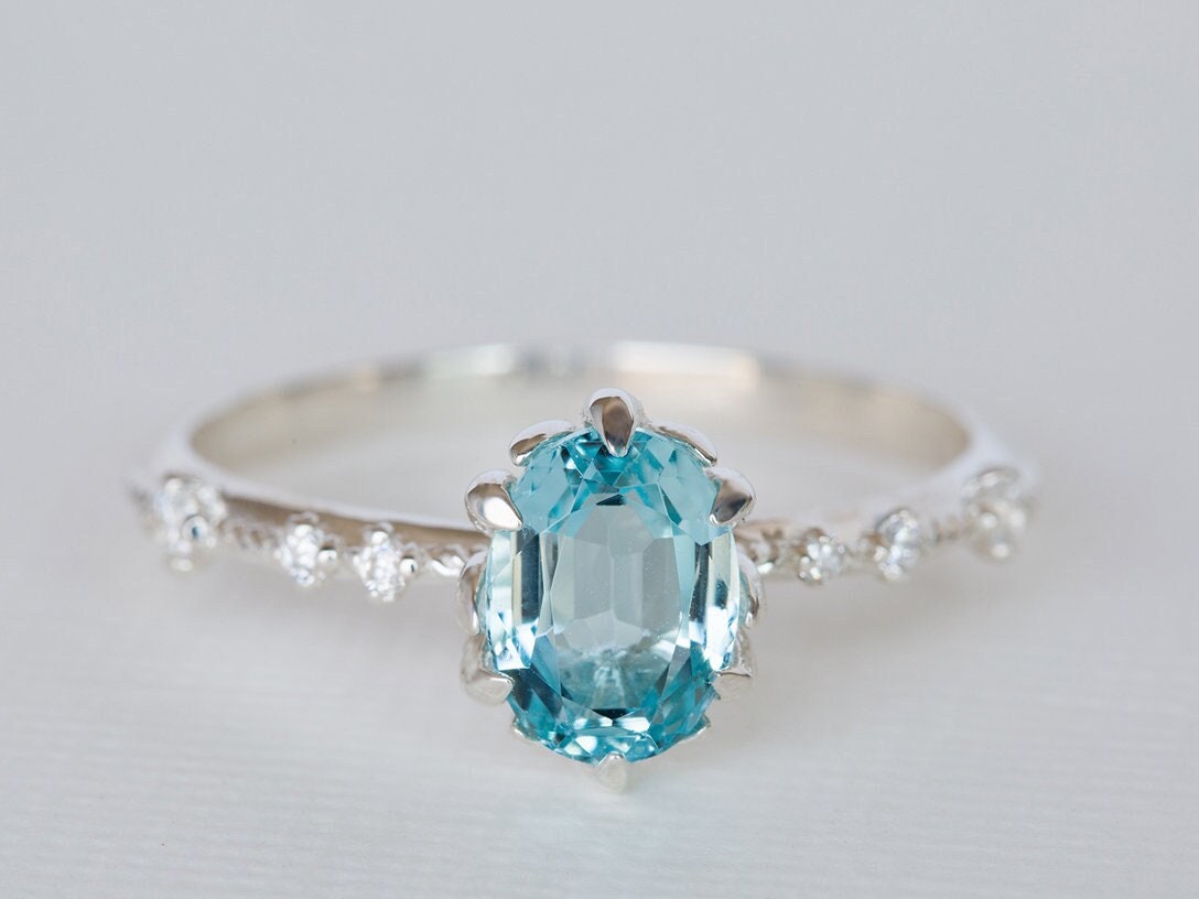 Aquamarine Engagement Ring, Aquamarine Diamond Ring, Aquamarine 14K ...
