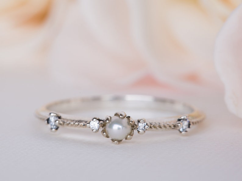 Boho Wedding Ring, Boho Wedding Band, Pearl Wedding Band, 14K Pearl ...