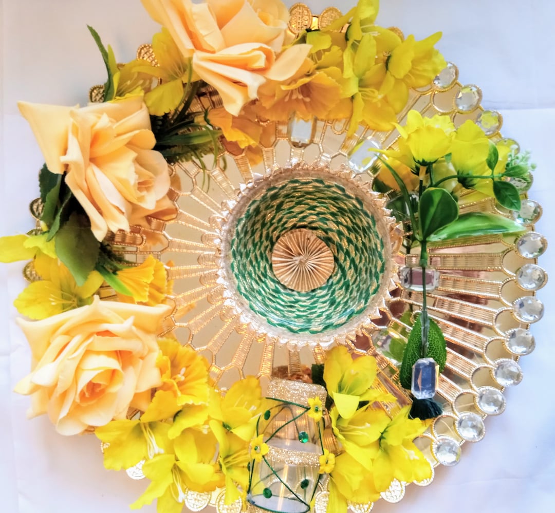 Mehndi Plate Rasam Thaal Dhol Dholki Yellow Flower Thaali Decorated for ...
