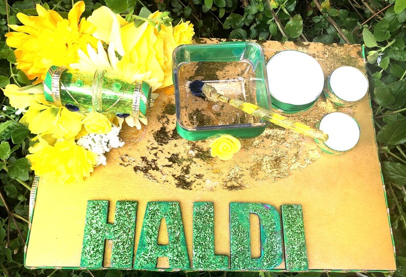 Decorative Handmade 7 Piece HALDI Plate Rasam Tray Yellow Flower Dhol ...