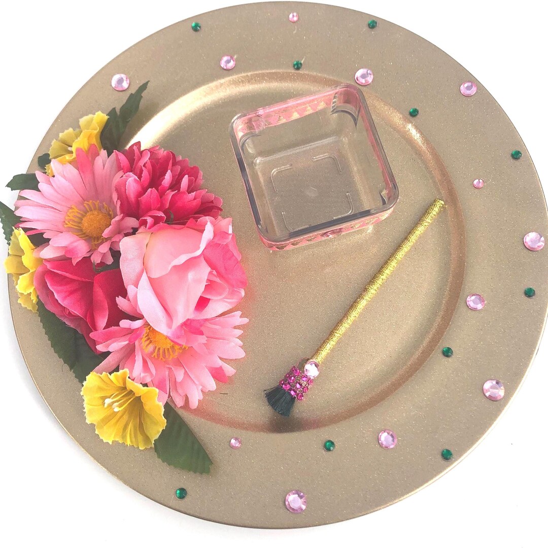 Decorative Handmade 3 Piece Mehndi Plate Rasam Thaal Pink and Lemon ...