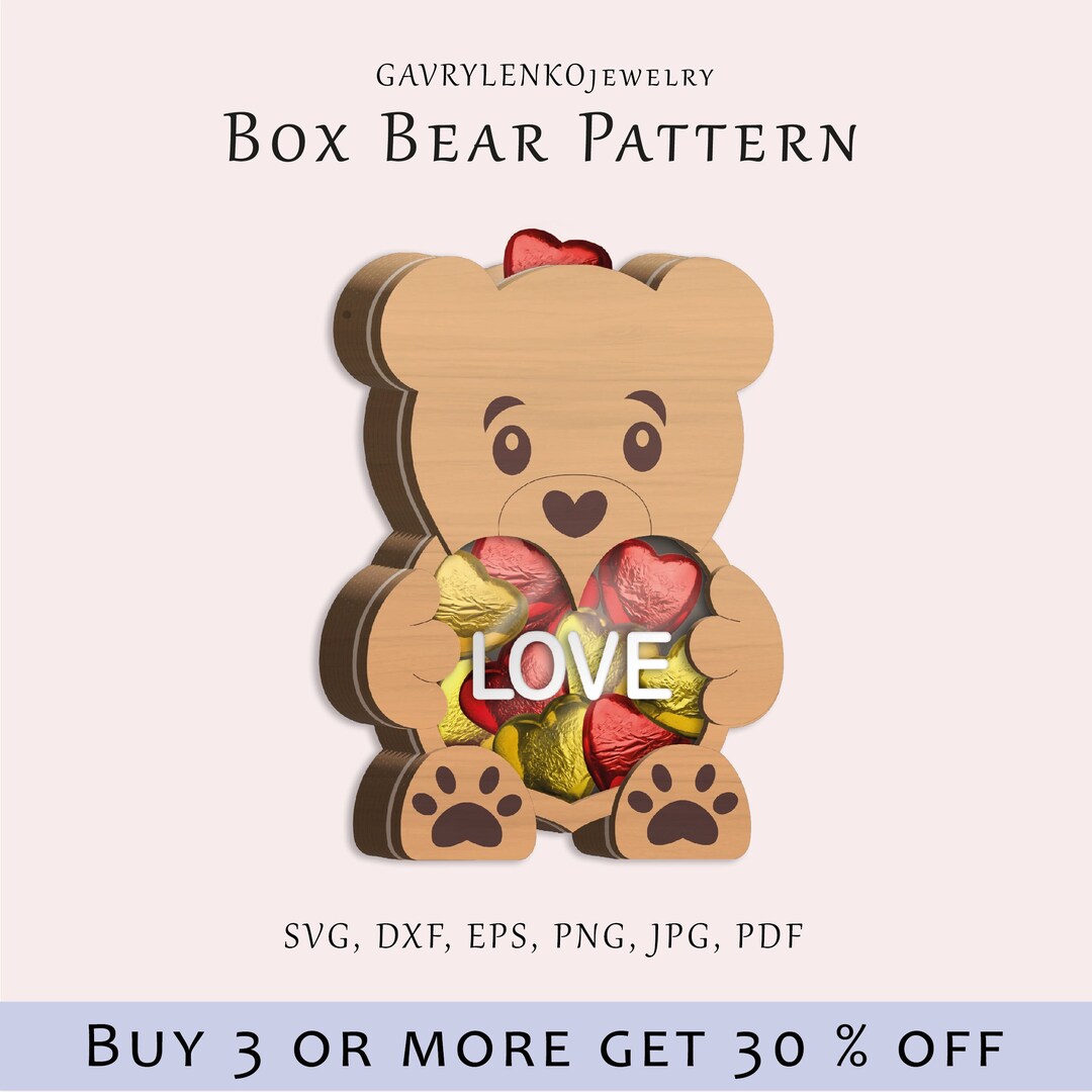 Bear With Heart Box SVG, Valentine's Day Holder Laser Cut, Little Bear ...