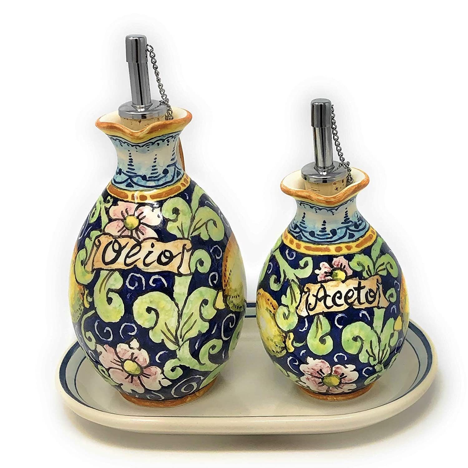 Italian Ceramic Set Dispenser Cruet Ampoules Oil and Vinegar Art ...