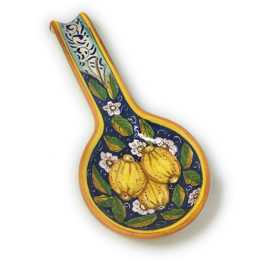 Italian Ceramic Spoon Rest Holder Decorated Three Lemons Pottery Art ...