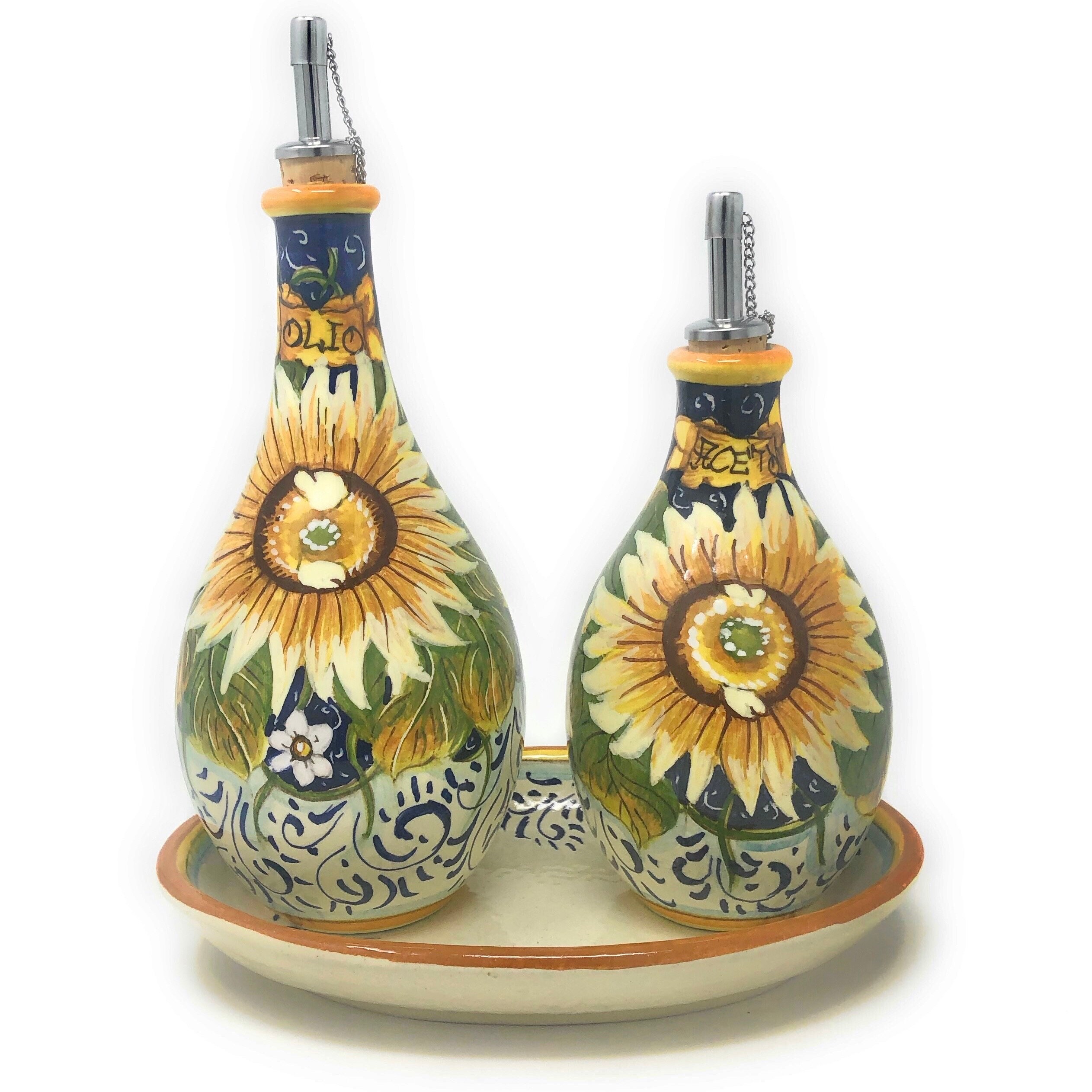 Italian Ceramic Set Dispenser Cruet Ampoules Oil and Vinegar With Tray ...