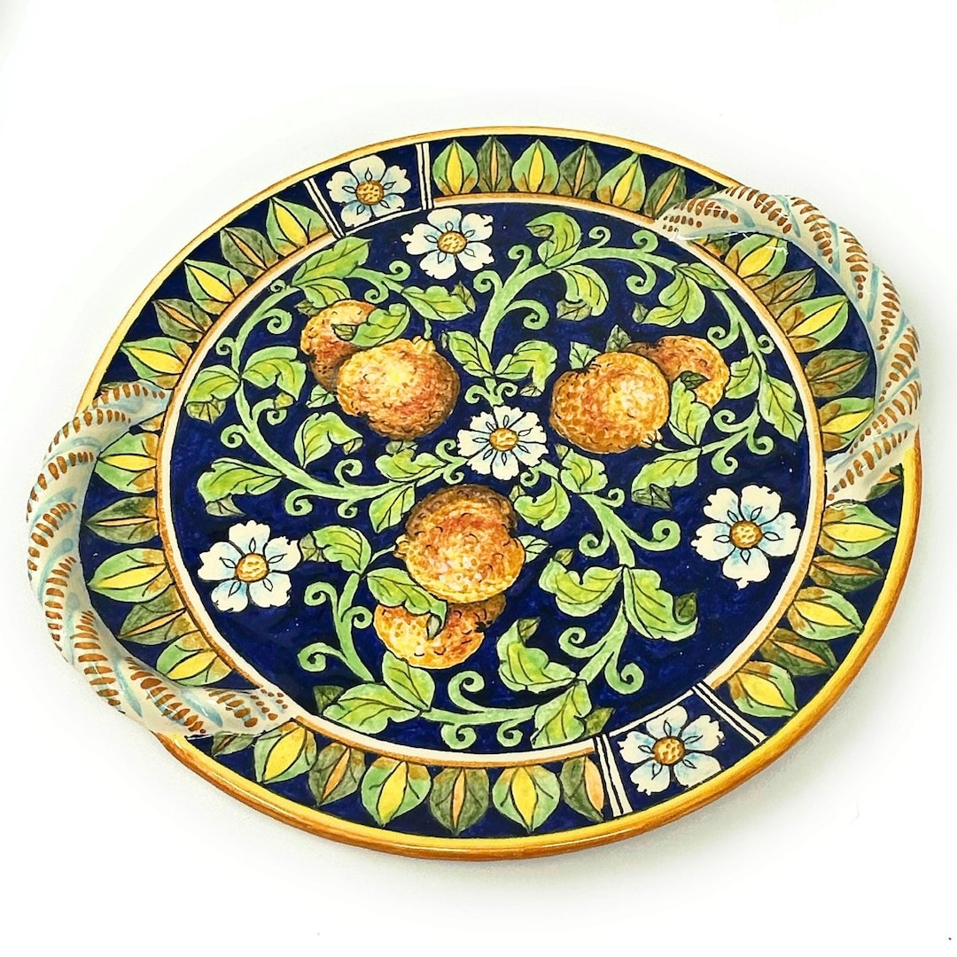 Italian Ceramic Art Flat Centerpiece Plate Pottery Pattern Orange Hand ...