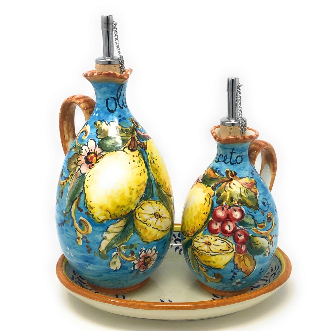 Italian Ceramic Set Dispenser Cruet Oil and Vinegar Art Pottery Hand ...