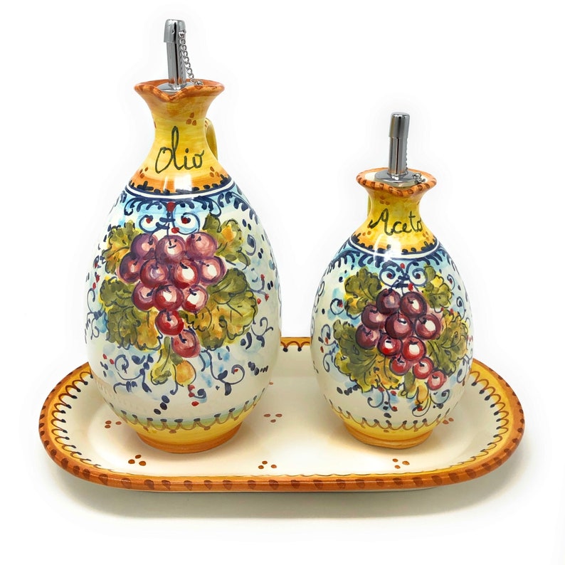 Italian Ceramic Set Cruet Oil and Vinegar Art Pottery Hand Painted Made ...