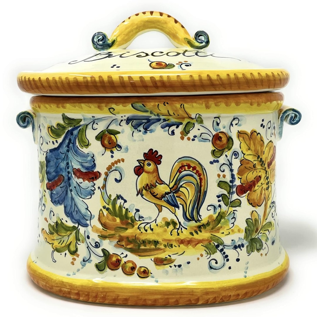 Italian Ceramic Biscuit Cookies Jar Hand Painted Pattern Rooster ...