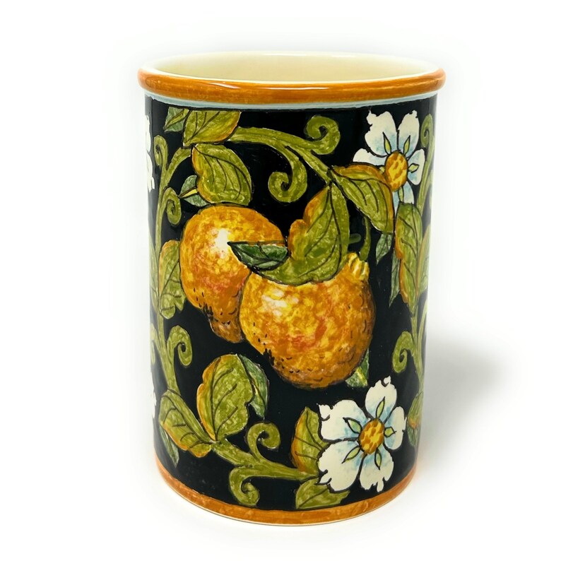 Italian Ceramic Utensil Holder Vessel Hand Painted Decorated Oranges ...