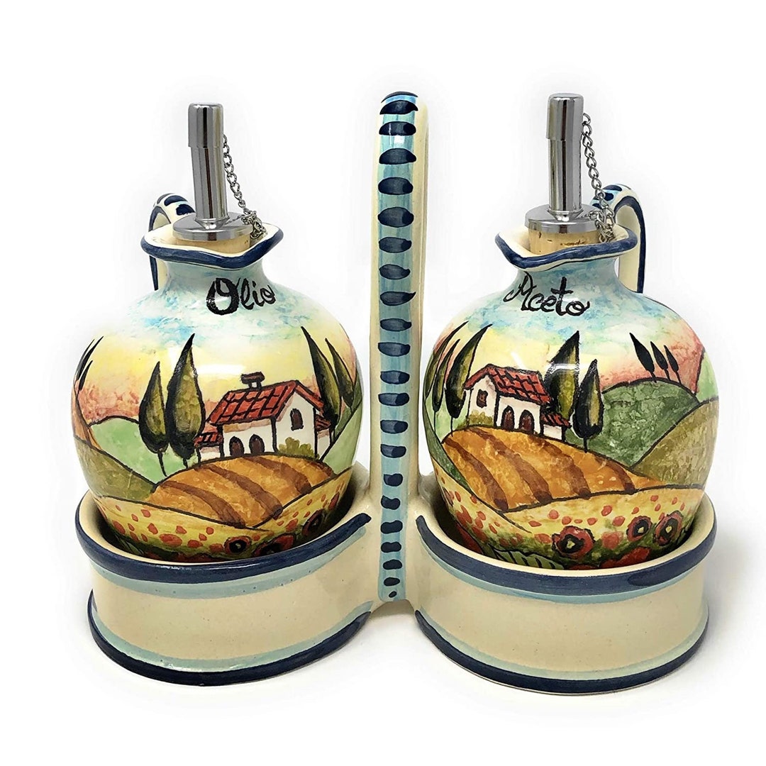 Italian Ceramic Set Cruet Oil Vinegar Dispenser Art Pottery Hand ...