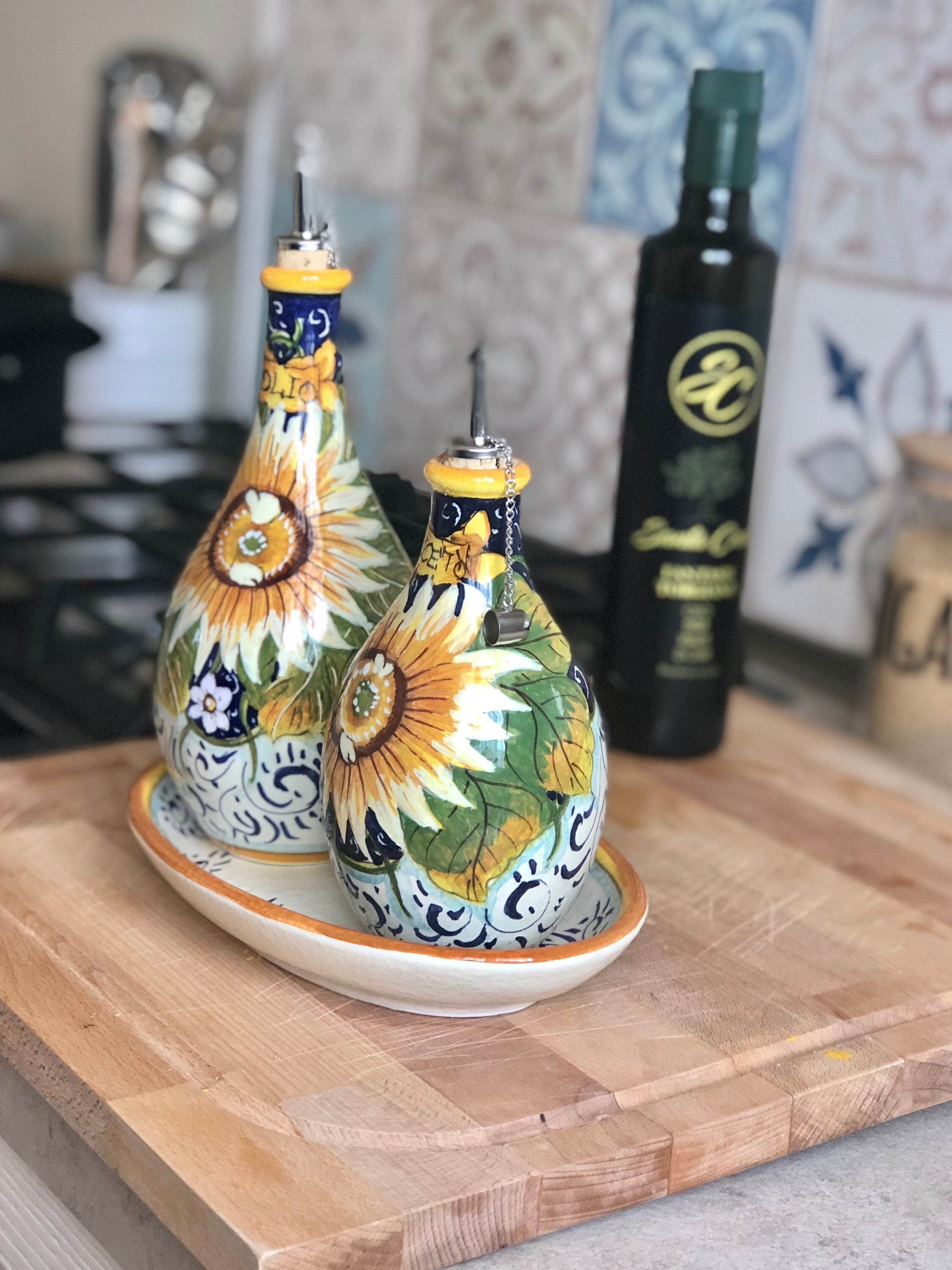 Italian Ceramic Set Dispenser Cruet Ampoules Oil and Vinegar With Tray ...