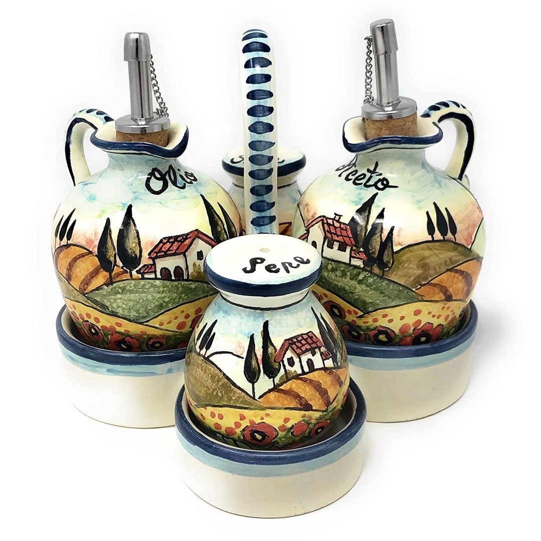 Italian Ceramic Art Pottery Set Dispenser Cruet Oil - Vinegar - Salt ...