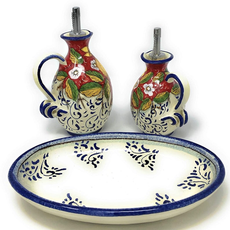 Italian Ceramic Set Dispenser Cruet Ampoules Oil and Vinegar Art ...