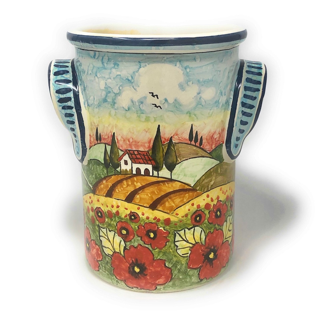 Italian Ceramic Utensil Holder Wine Bottle Hand Painted Made in ITALY ...