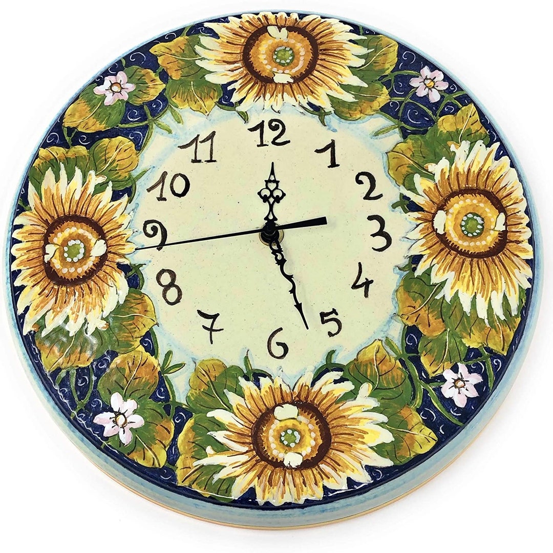 Italian Ceramic Wall Clock Round Pattern Sunflower Hand Painted Made in ...