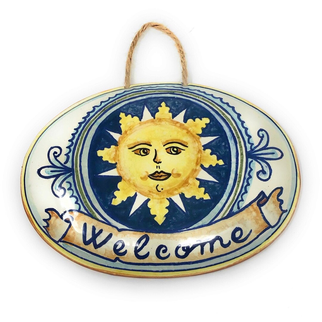 Italian Ceramic Art Pottery Tile Welcome House Plaques Pattern Sun Hand ...