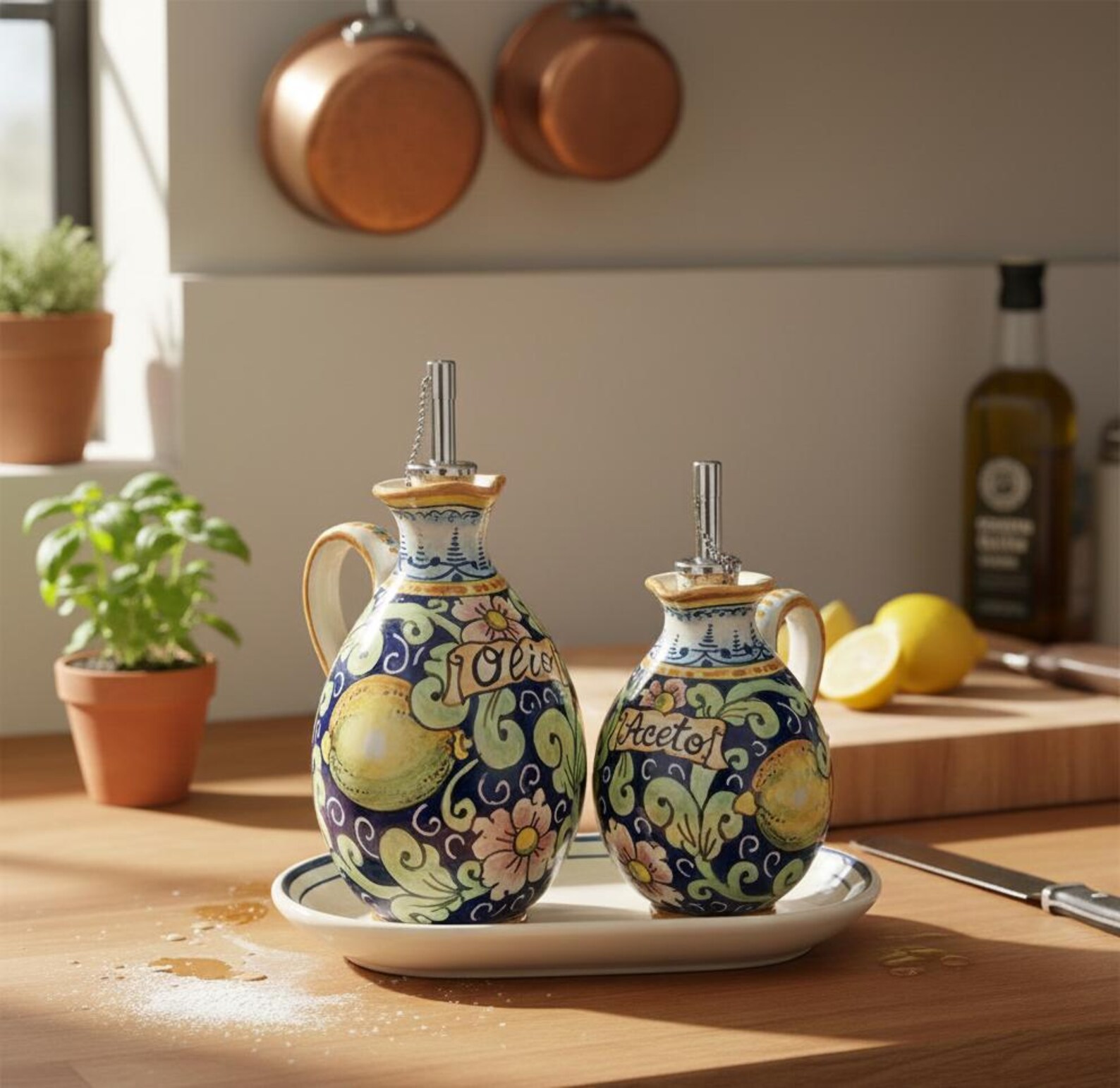 Italian Ceramic Set Dispenser Cruet Ampoules Oil and Vinegar Art ...