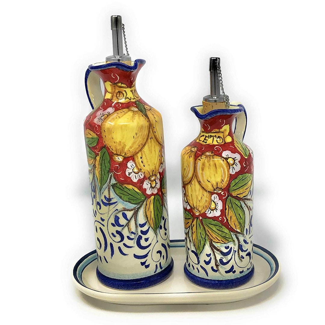 Italian Ceramic Art Pottery Set Cruet Oil and Vinegar Ampoule Dispenser ...