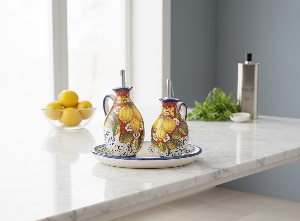 Italian Ceramic Set Dispenser Cruet Ampoules Oil and Vinegar Art ...