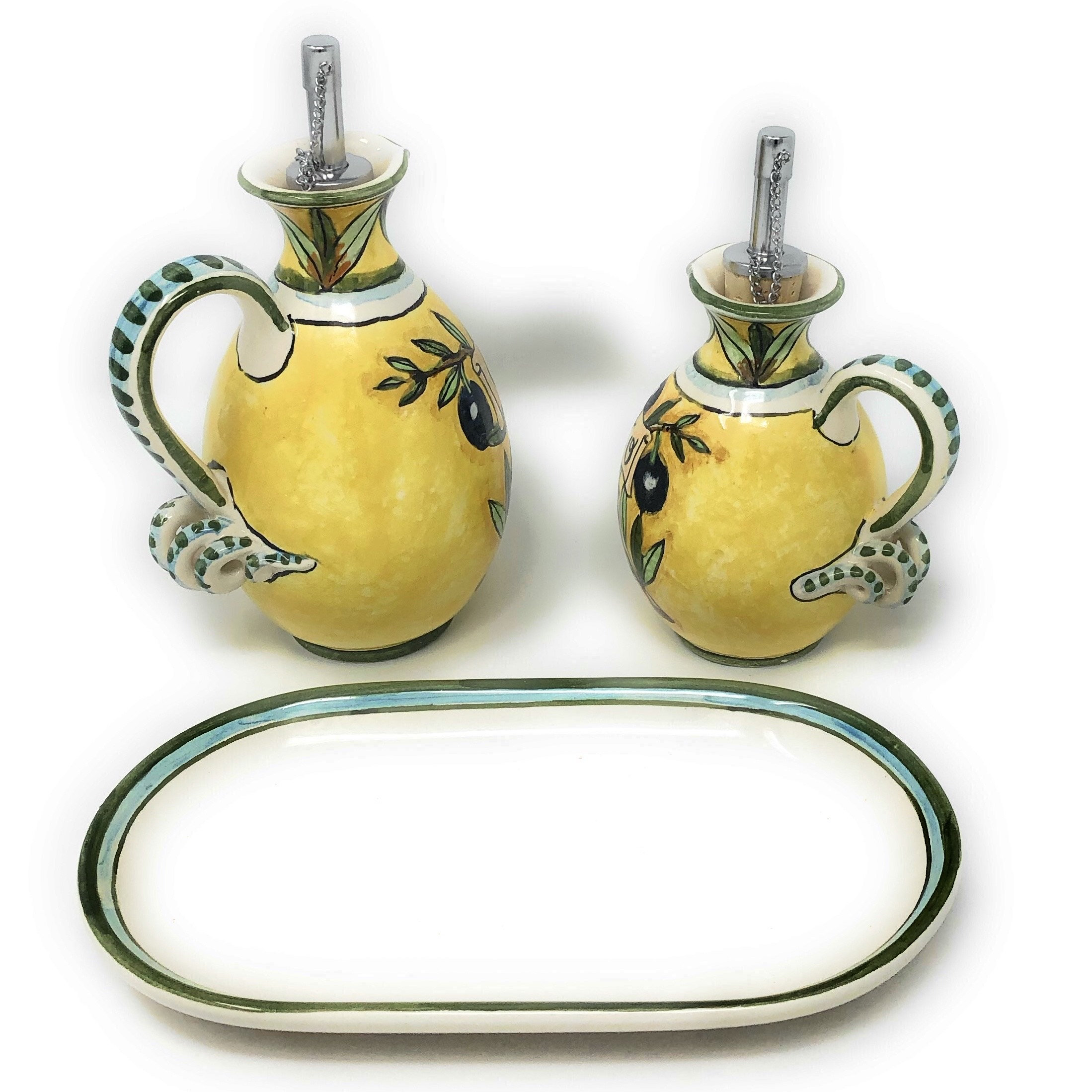 Italian Ceramic Set Cruet Oil and Vinegar + Small Tray Art Pottery Hand ...