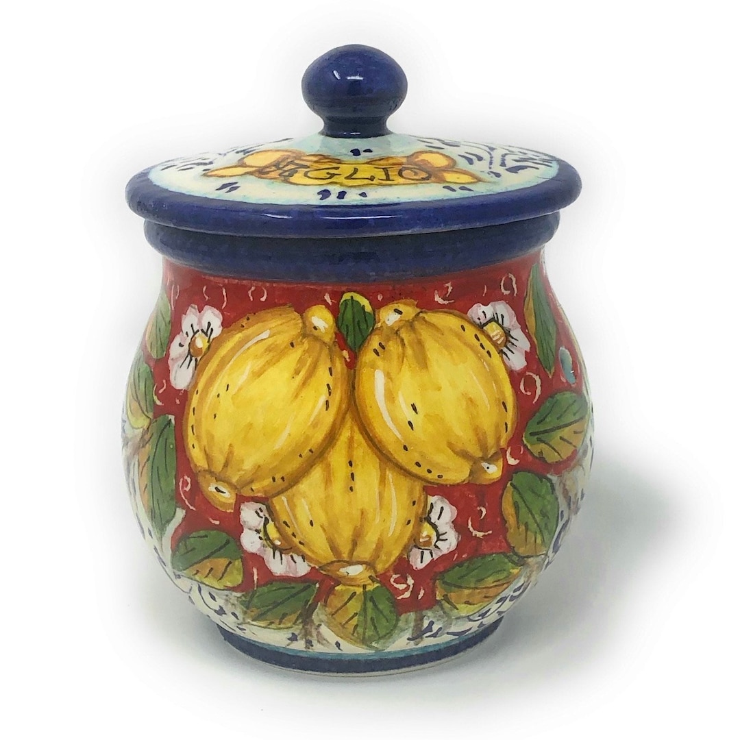 Italian Ceramic Brings Garlic Jar Holder Hand Painted Decorated Lemons ...