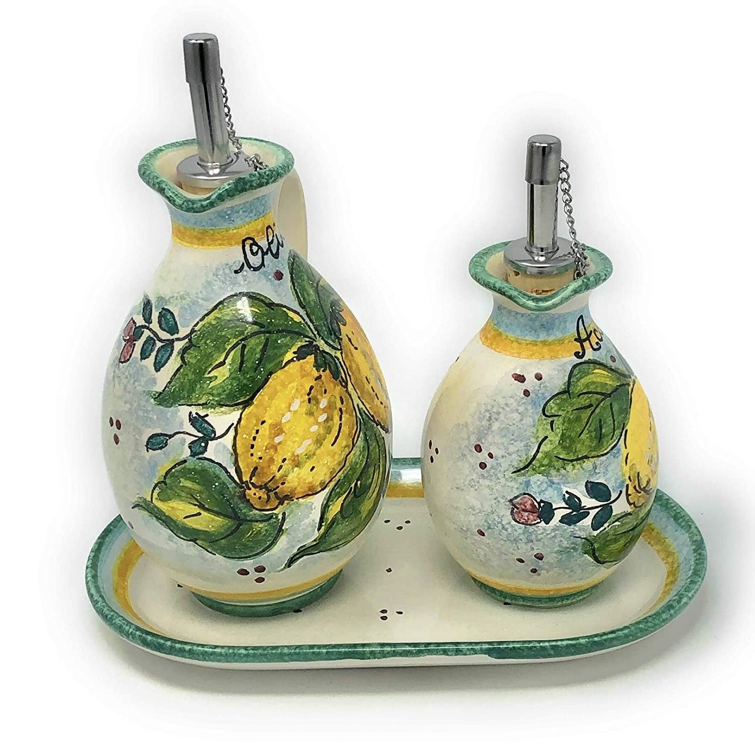 Italian Ceramic Set Cruet Dispenser Oil and Vinegar + Small Tray Art ...