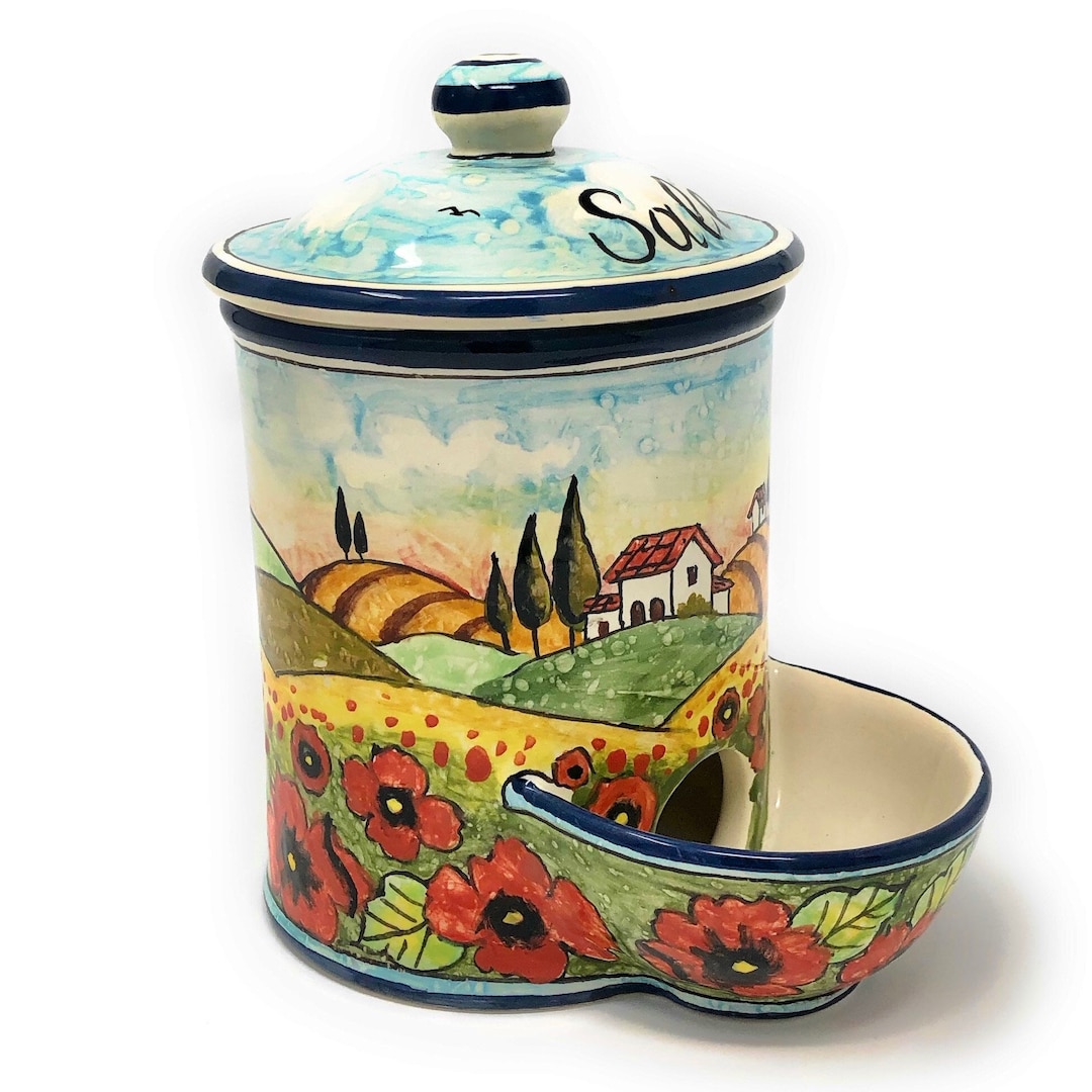 Italian Ceramic Jar Salt Holder Decorated Poppies Landscape Hand ...