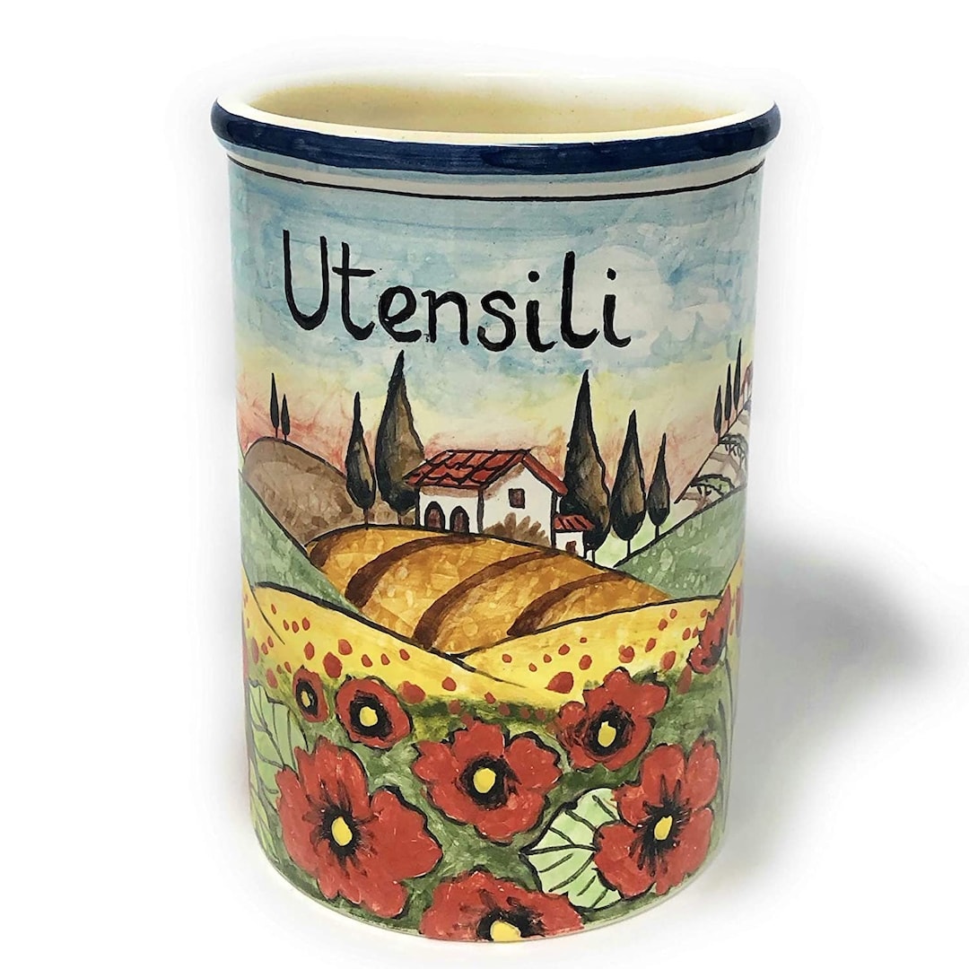 Italian Ceramic Utensil Tool Holder Hand Painted Decorated Tuscan ...