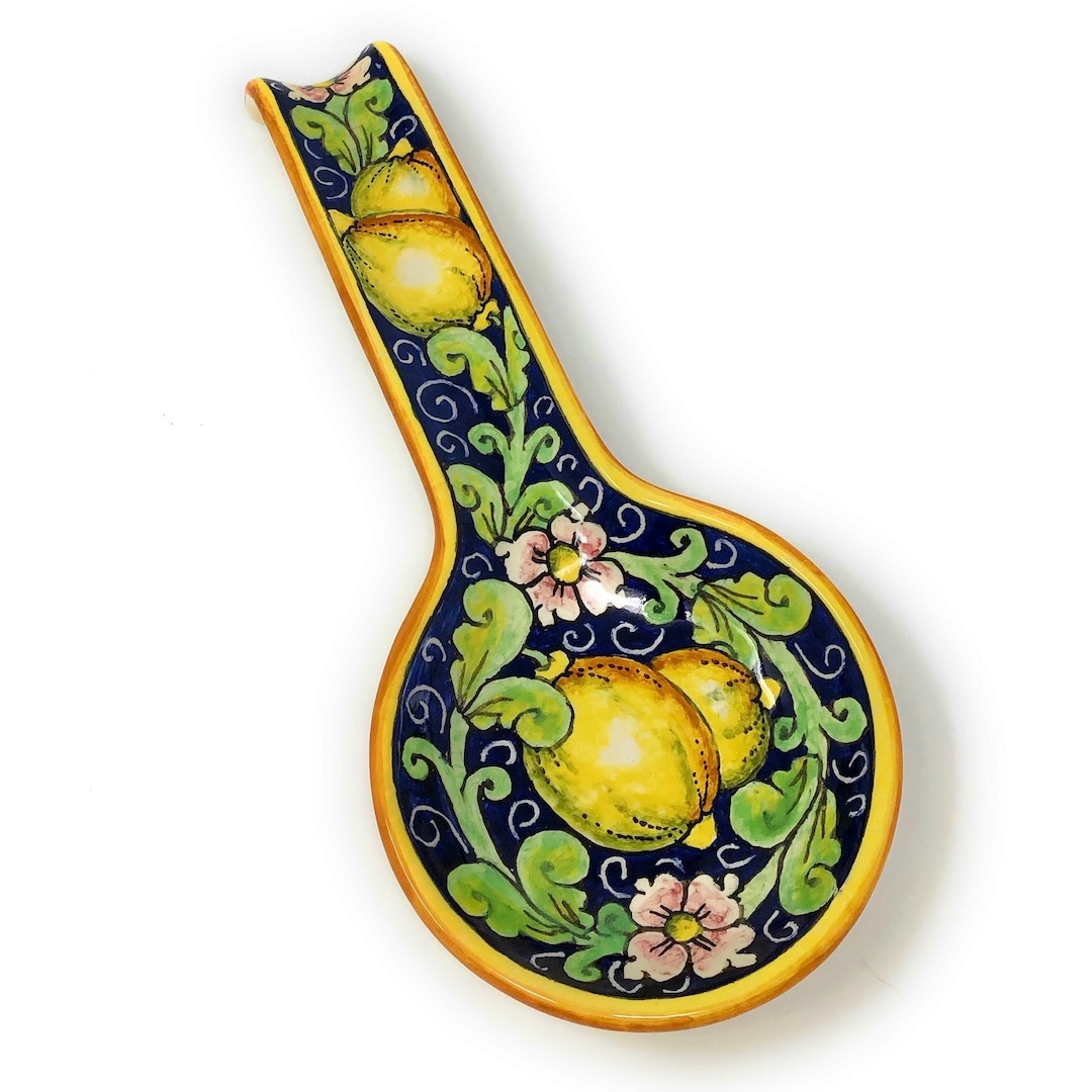 Italian Ceramic Spoon Rest Holder Decorated Lemons Pottery Art Hand ...