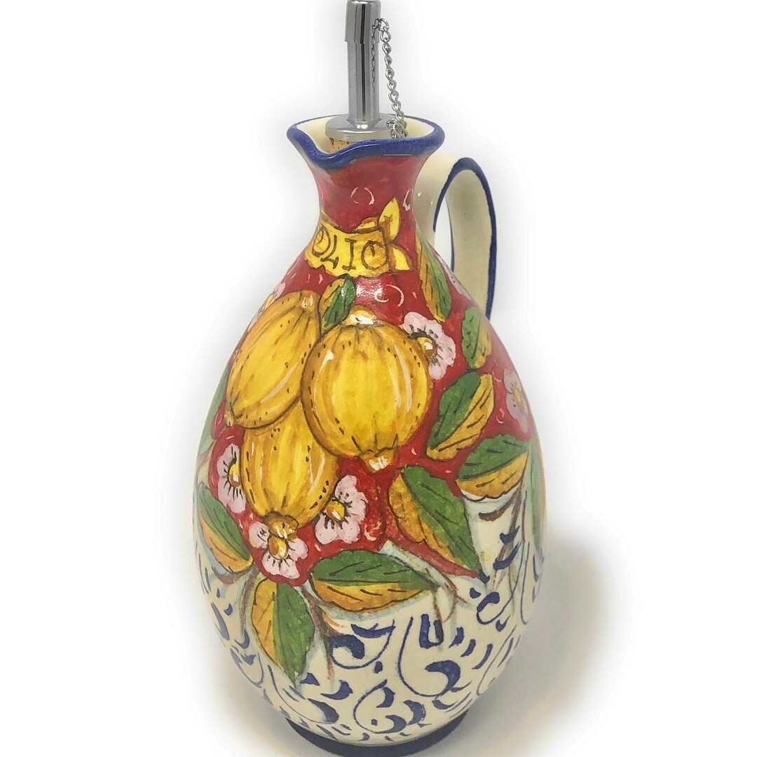 Italian Ceramic Art Pottery Oil Dispenser Cruet Bottle Decorated Lemons ...