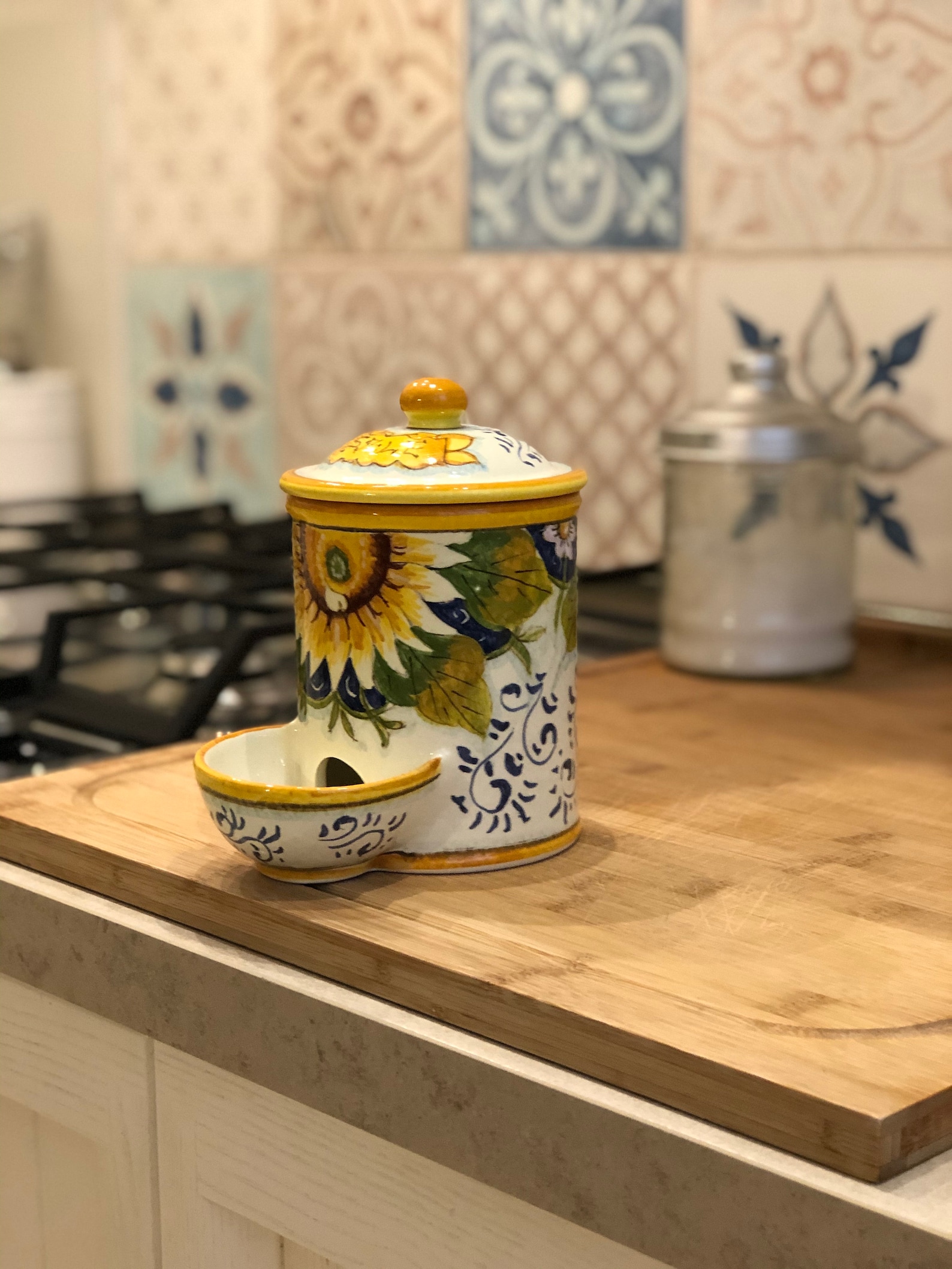 Italian Ceramic Jar Salt Holder Decorated Sunflower Hand Painted Made ...