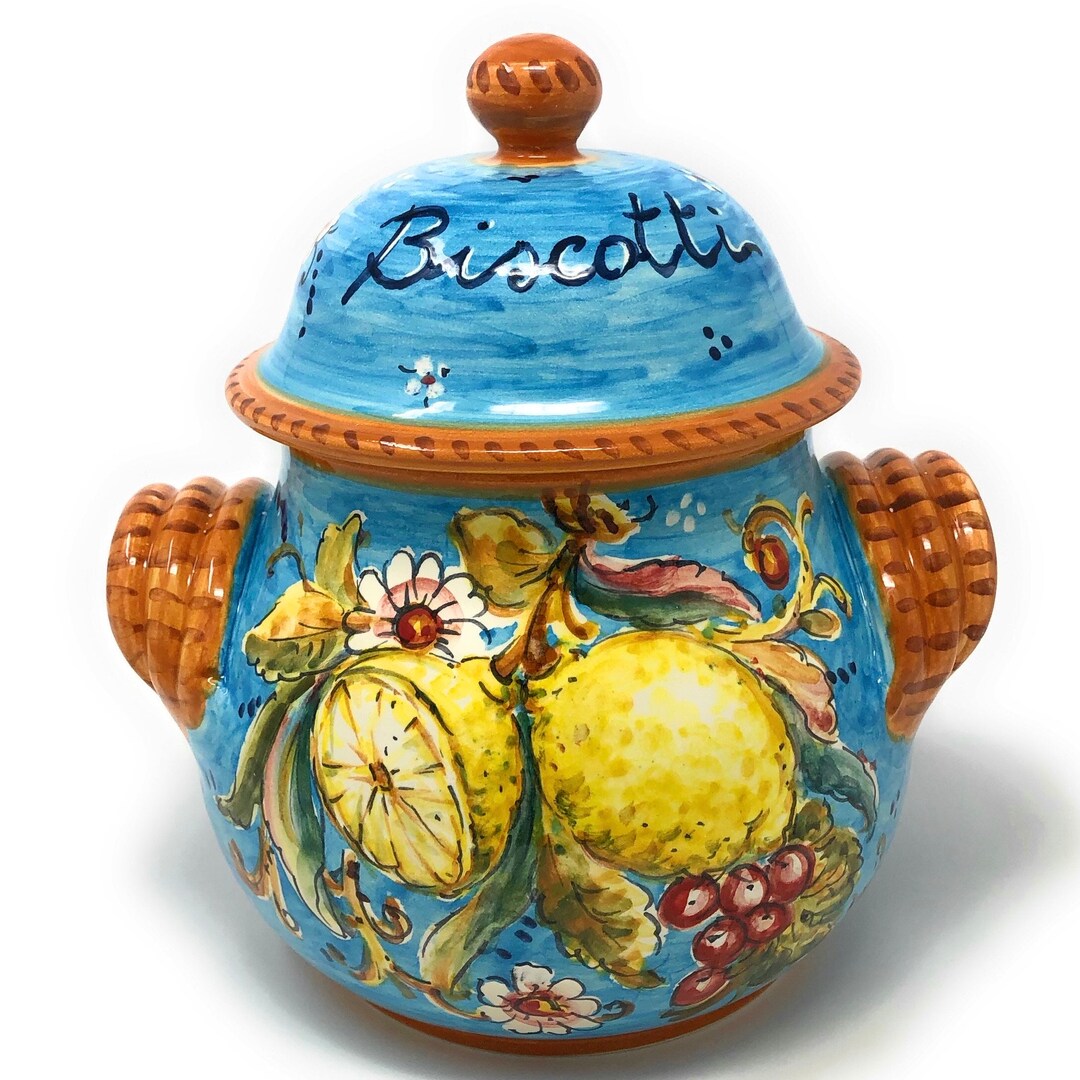 Italian Ceramic Cookies Jar Biscotti Hand Painted Pattern Lemons Amalfi ...