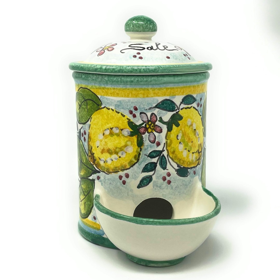 Italian Ceramic Art Pottery Jar Salt Holder Hand Painted Pattern Lemons ...