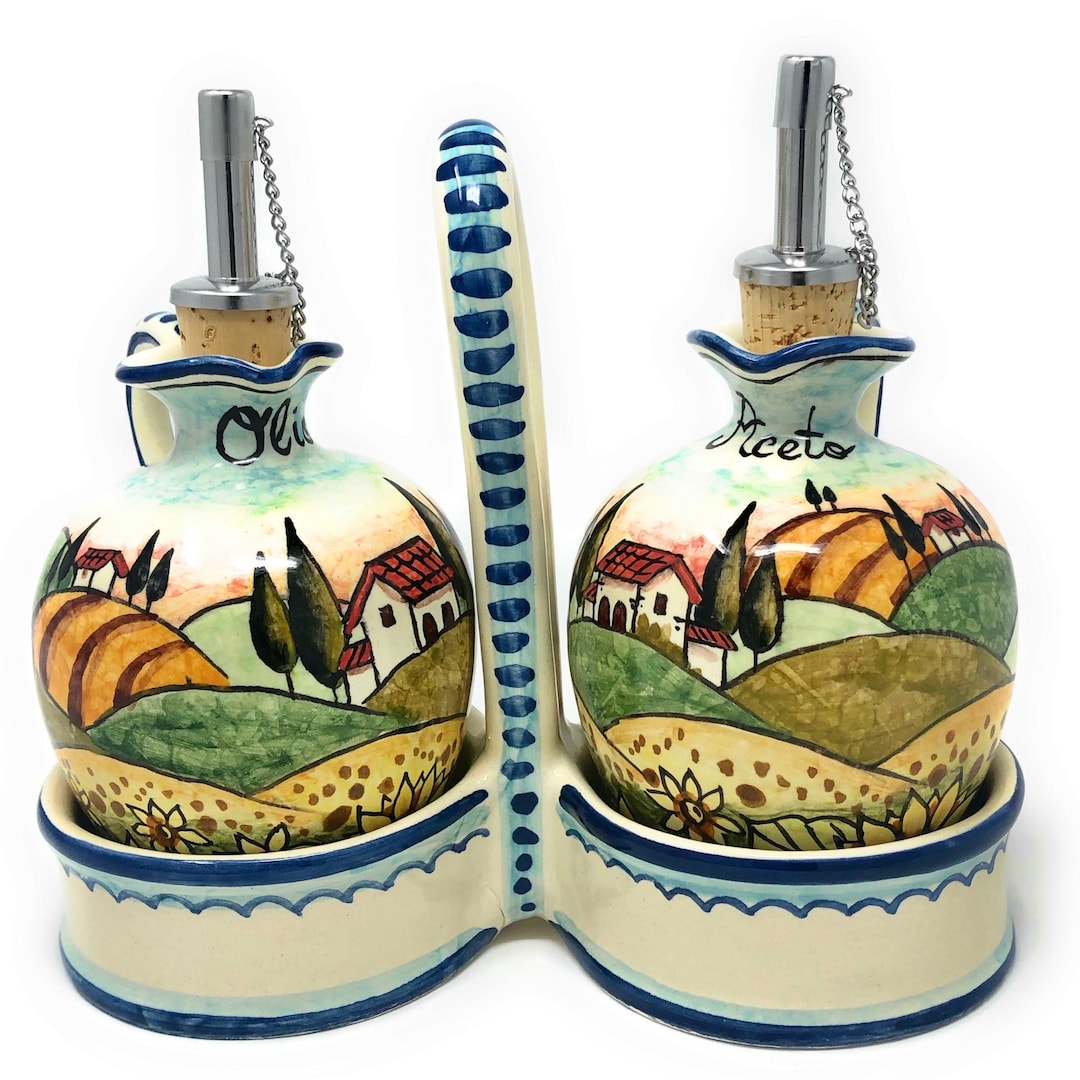 Italian Ceramic Set Cruet Oil Vinegar Dispenser Art Pottery Hand ...
