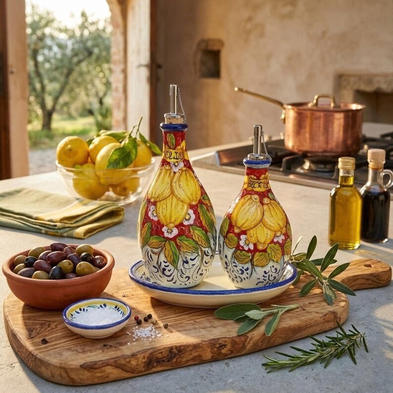 Italian Ceramic Set Dispenser Cruet Ampoules Oil and Vinegar With Tray ...