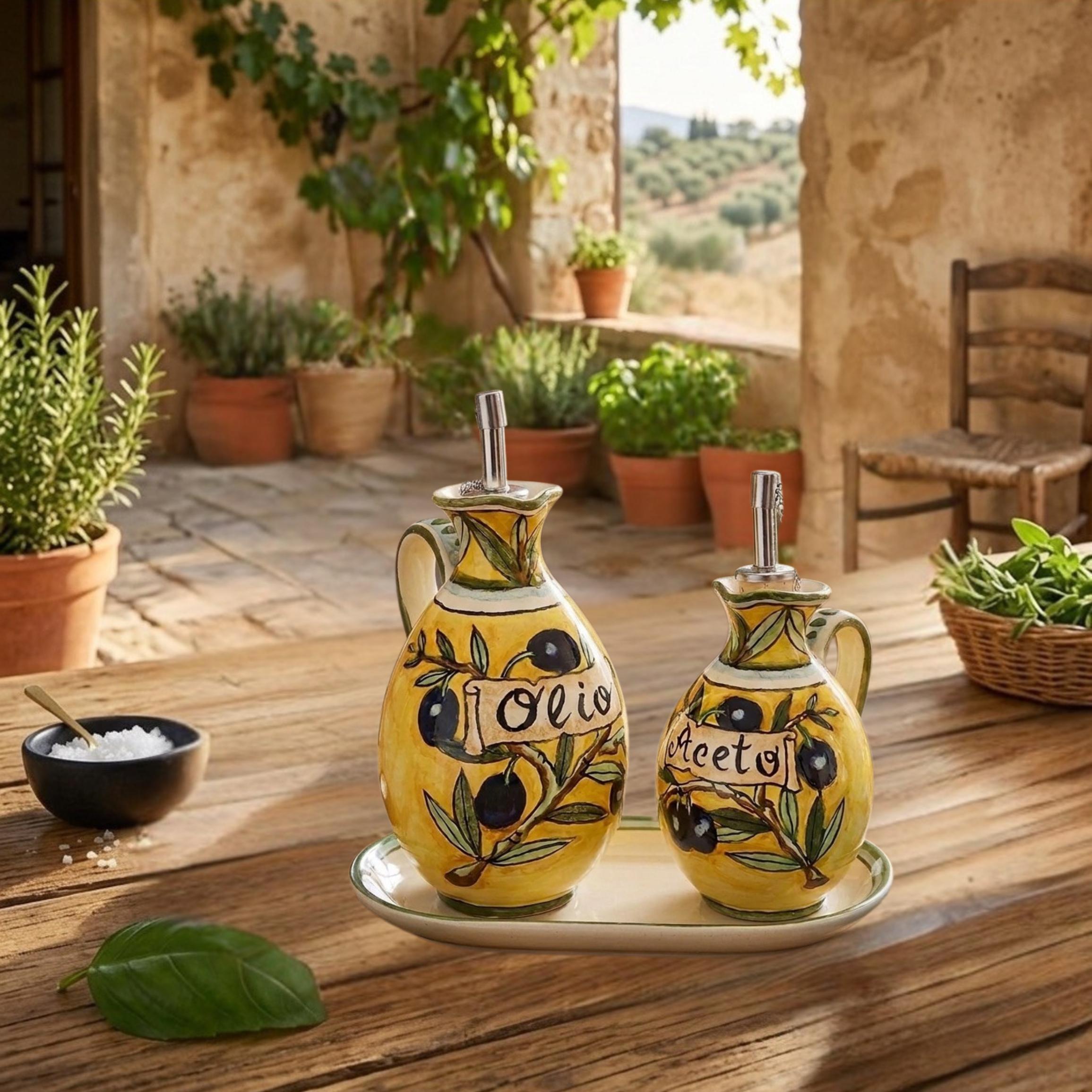 Italian Ceramic Set Cruet Oil and Vinegar + Small Tray Art Pottery Hand ...