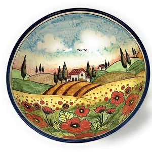 Italian Ceramic Small Bowl Round Pattern Poppies Landscape Tuscan Art ...