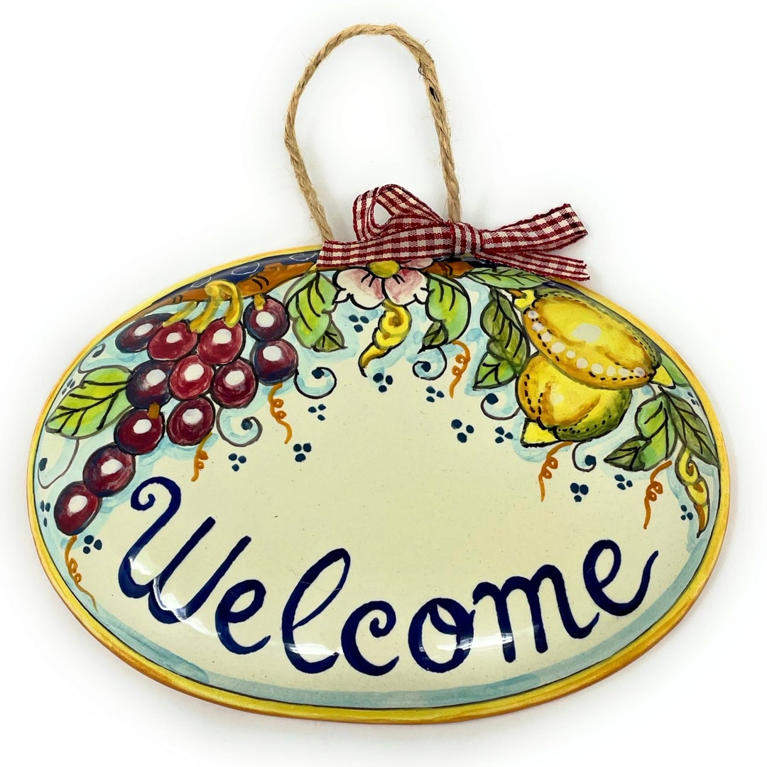 Italian Ceramic Art Pottery Tile Small Plaques Oval Welcome Hand ...
