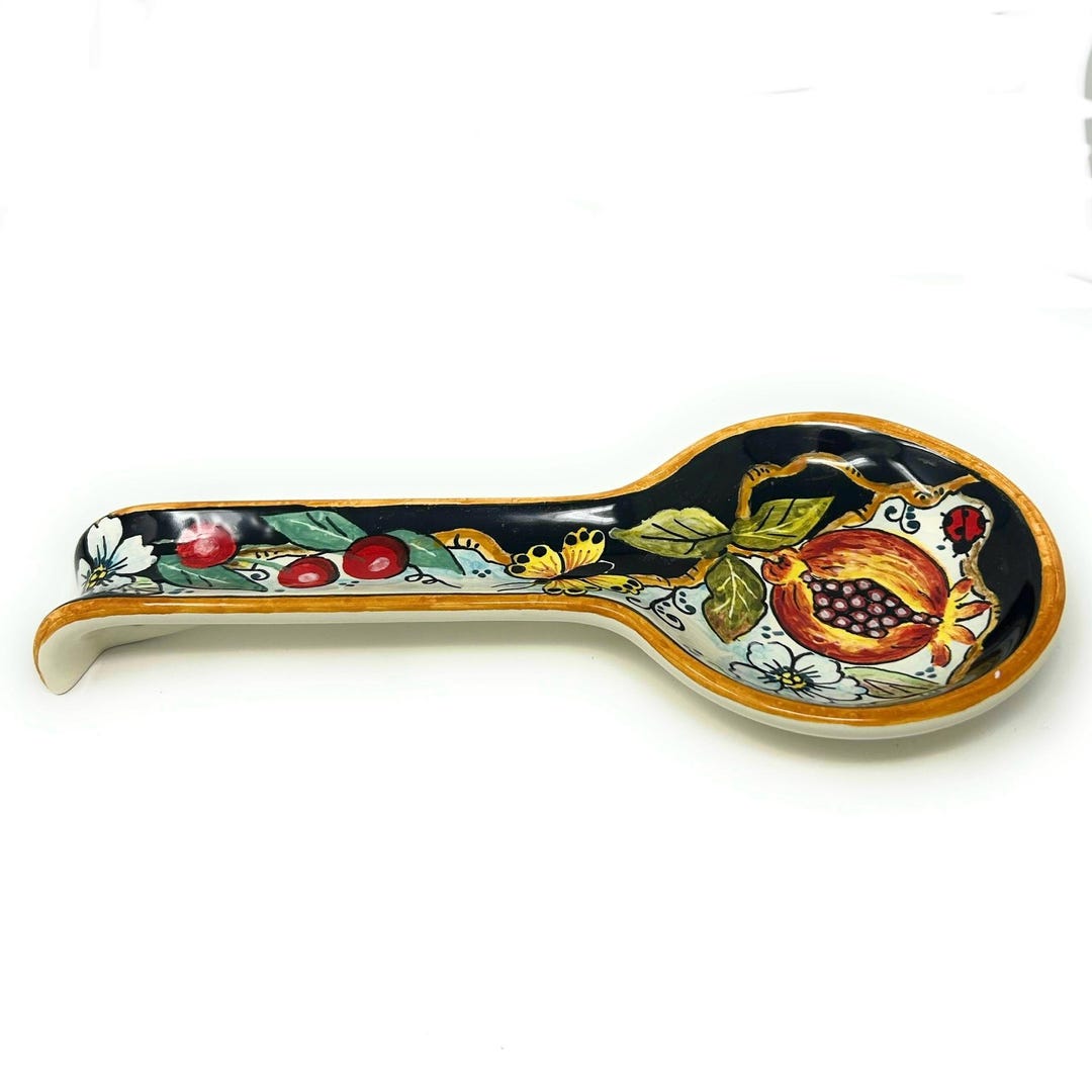 Italian Ceramic Spoon Rest Holder Decorated Pomegranates Pottery Art ...