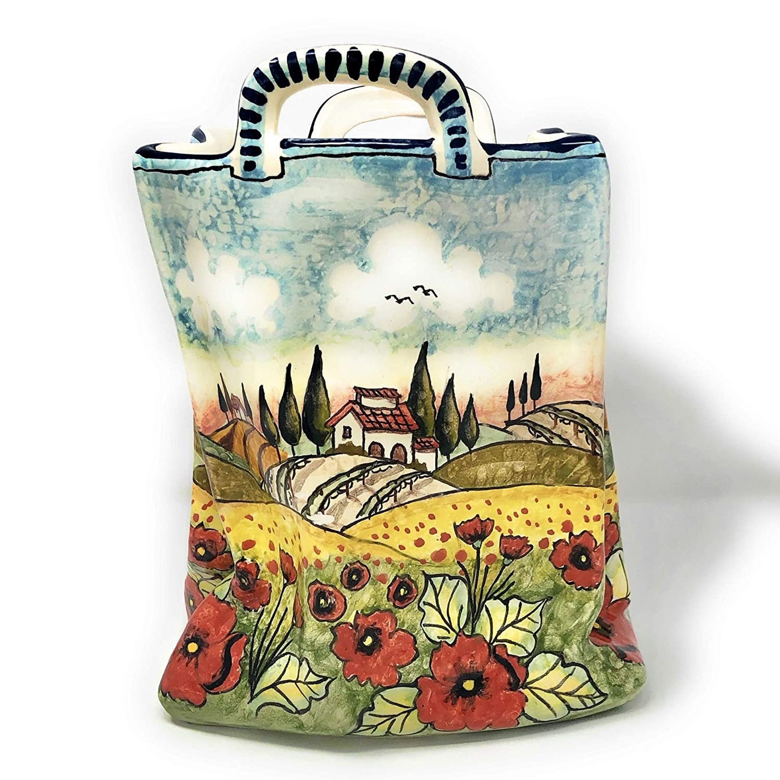 Italian Ceramic Art Pottery Bag Basket Planter Flowerpot Hand Painted ...
