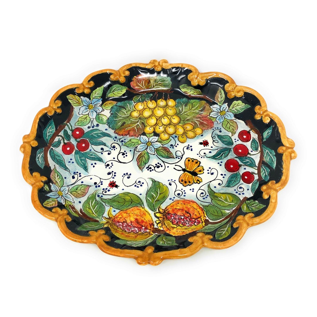 Italian Ceramic Serving Tray Plate Decorated Fruits Hand Painted Made ...