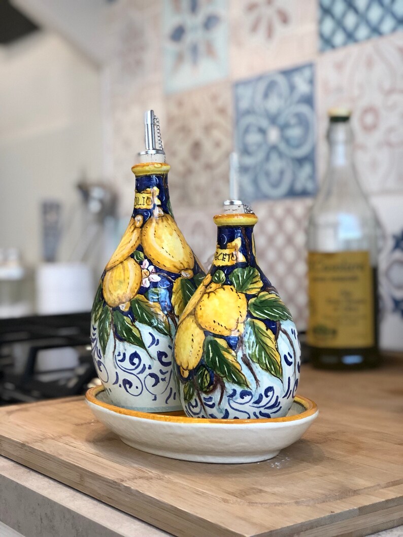 Italian Ceramic Set Cruets Oil and Vinegar Small Tray | Etsy