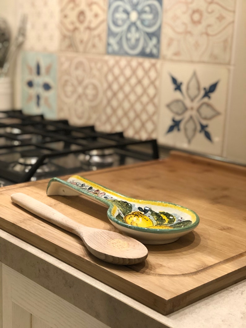 Italian Ceramic Spoon Rest Holder Decorated Lemons Pottery Art Hand ...
