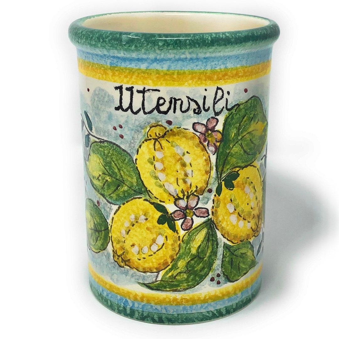 Italian Ceramic Utensil Holder Vessel Hand Painted Decorated Made in ...