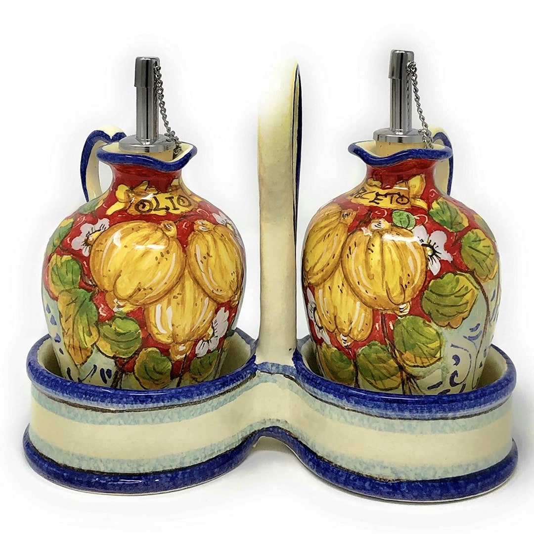 Italian Ceramic Set Dispenser Cruet Ampoules Oil and Vinegar Art ...
